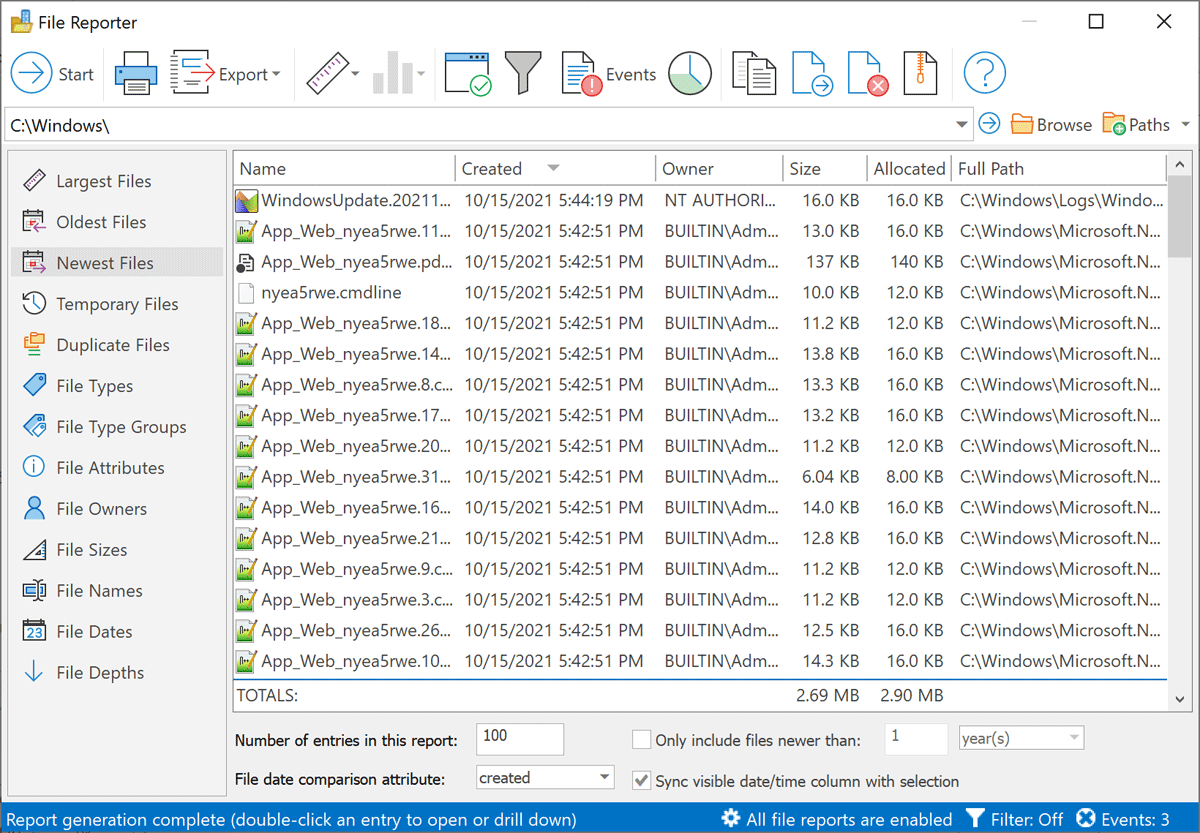 Newest Files Report : FolderSizes
