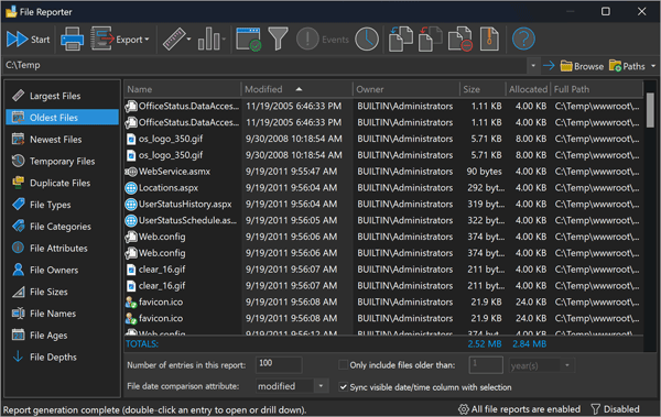 Oldest Files Report : FolderSizes