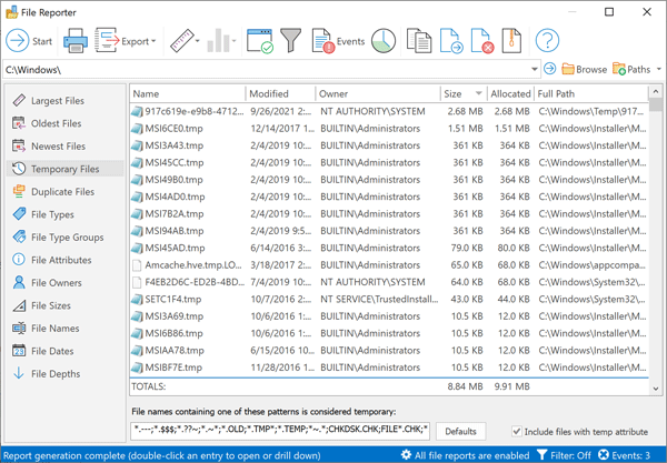 Temporary Files Report : FolderSizes